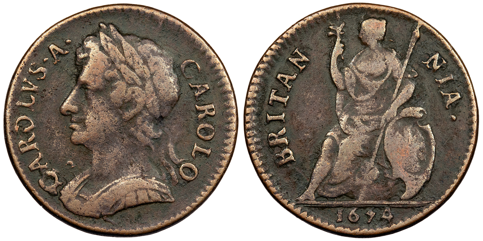 ENGLAND Charles II 1674 Farthing VF | European Coins