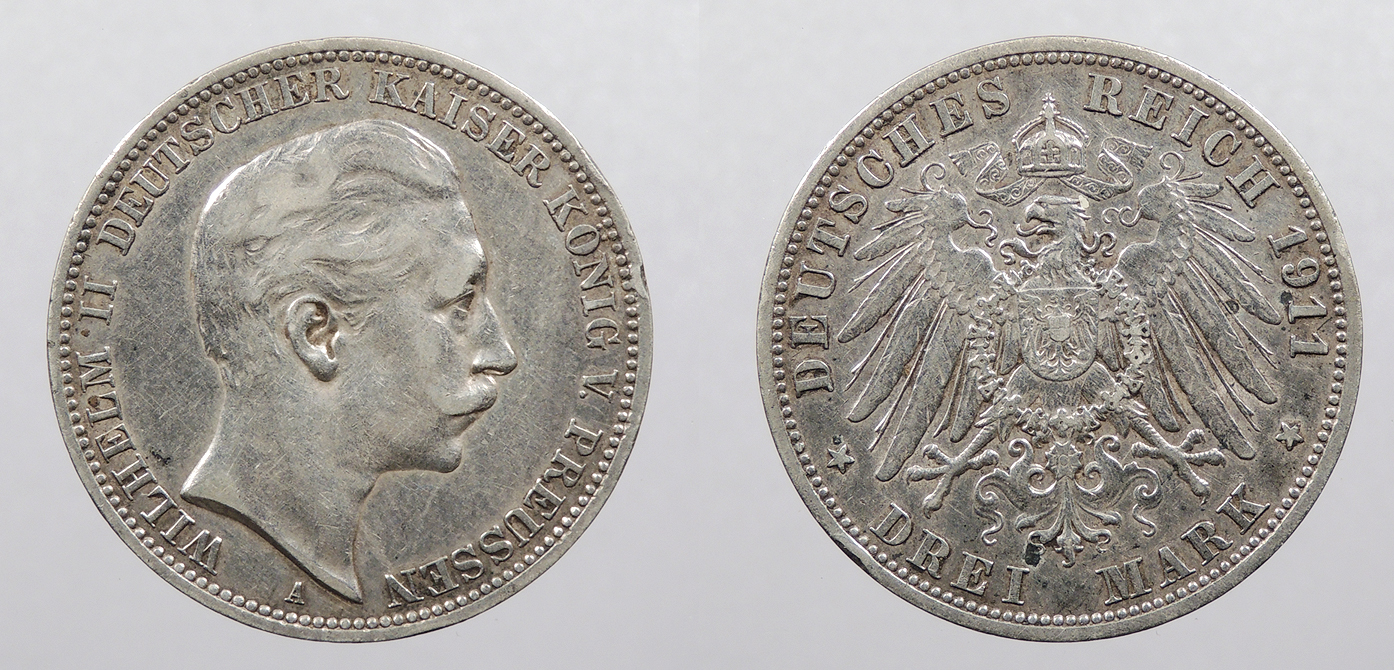 GERMAN STATES: Prussia 1911-A 3 Mark | European Coins