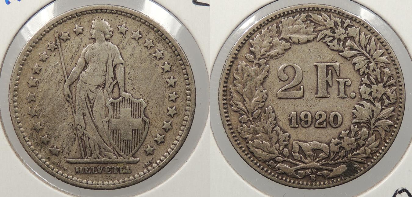 SWITZERLAND: 1920 2 Franc | European Coins