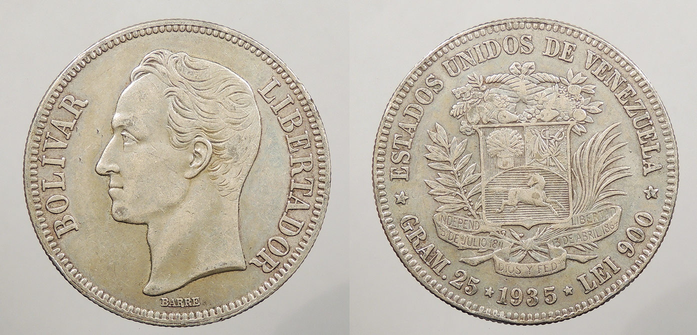VENEZUELA: 1935 5 Bolivares | South American Coins