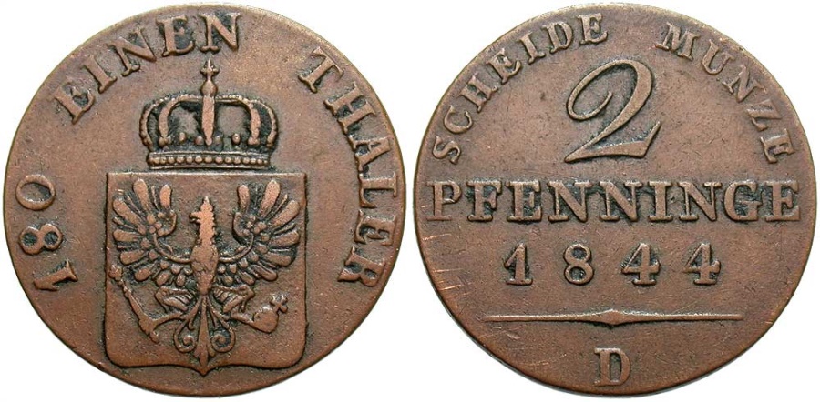 GERMAN STATES: Prussia 1844-D 2 Pfennig | European Coins