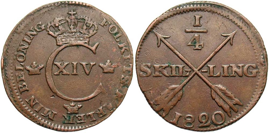 SWEDEN: 1820 1/4 Skilling | European Coins