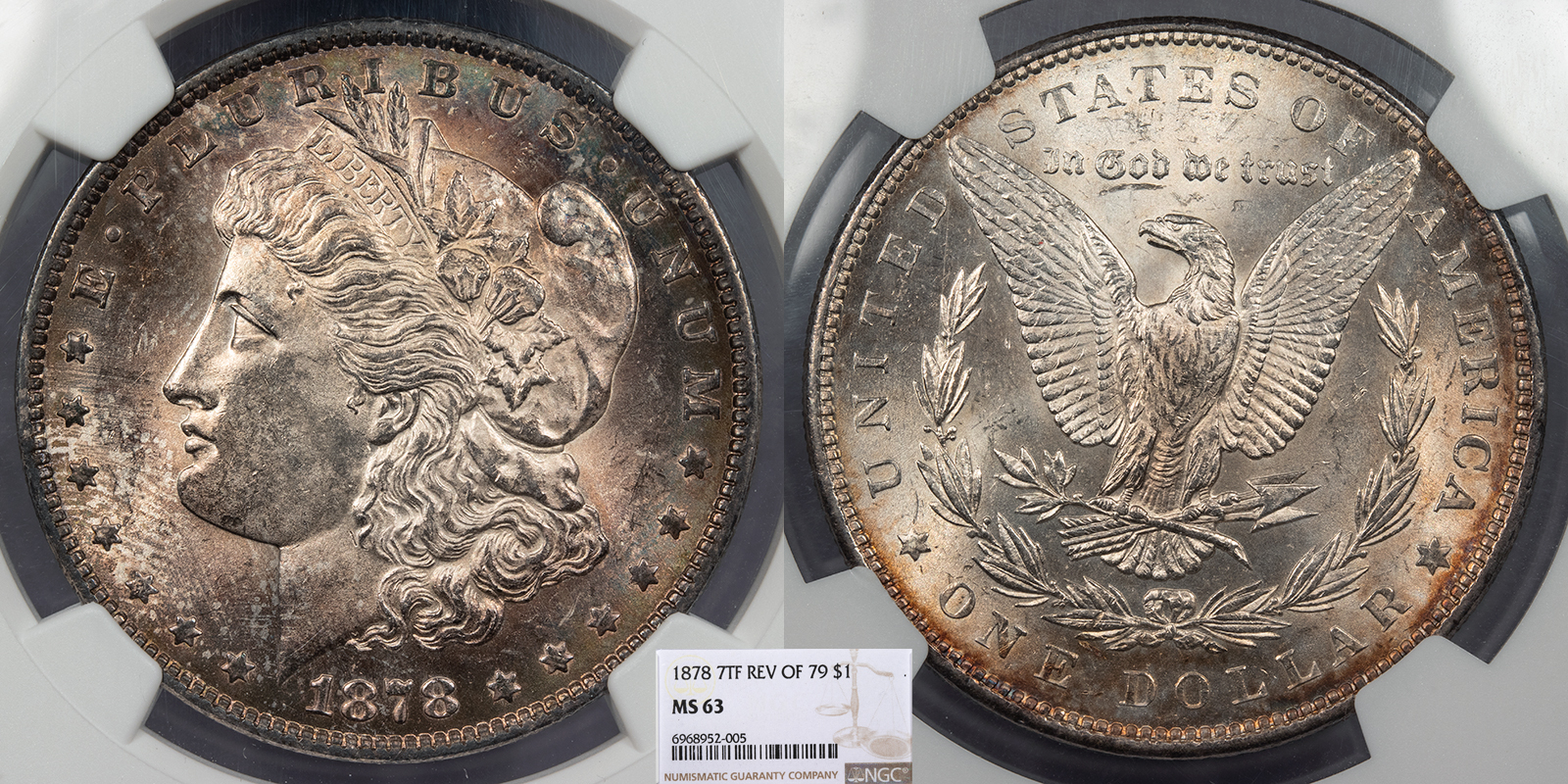 1878 Morgan 1 Dollar (Silver) 7 Tail Feathers; Reverse of 1879 NGC MS-63