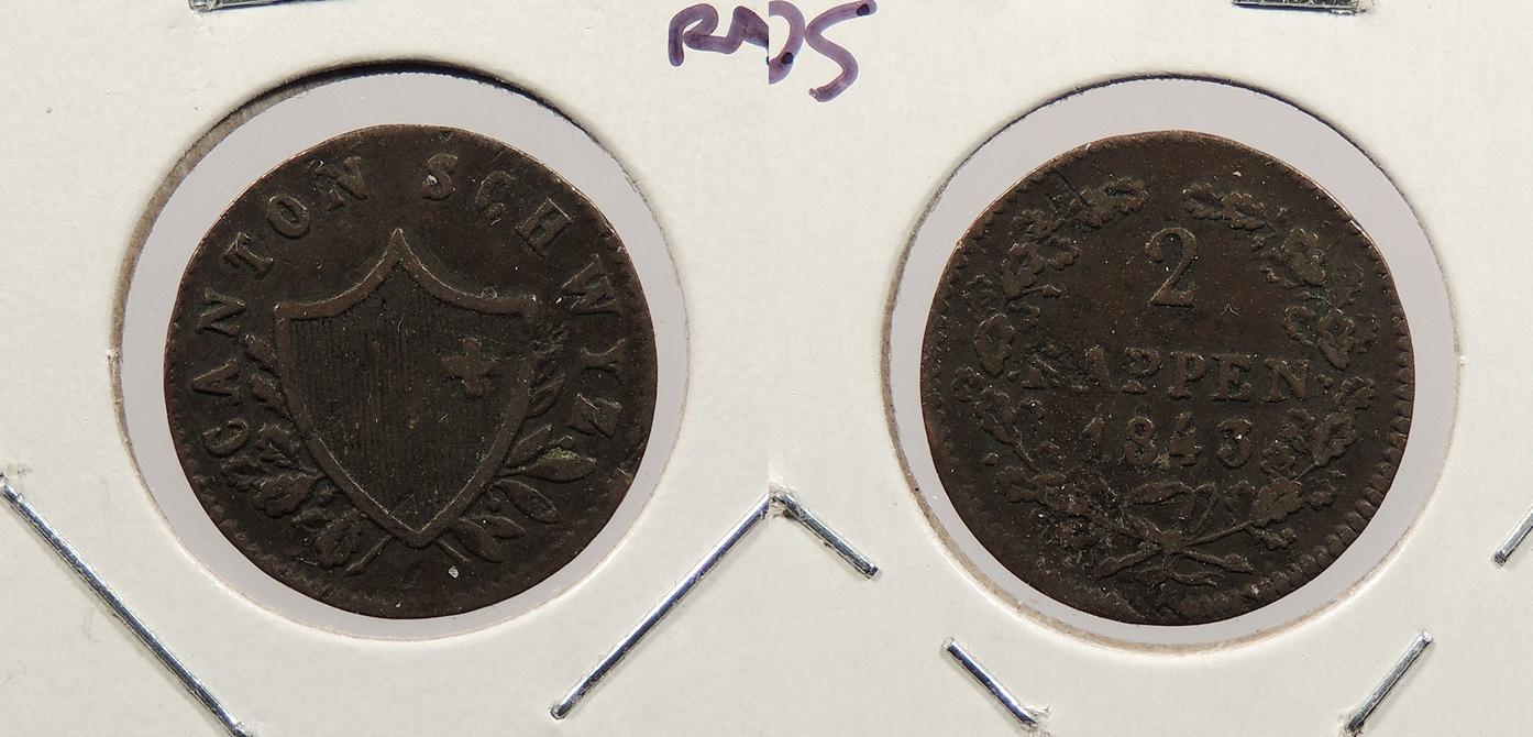 SWISS CANTONS: Schwyz 1843 2 Rappen | European Coins