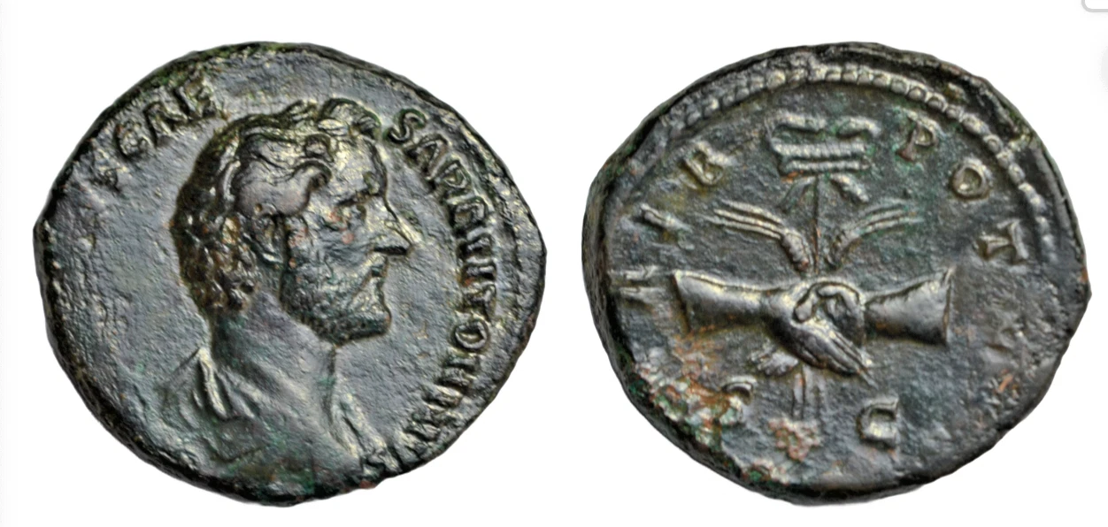 Antoninus Pius as Caesar, AE as, Rome 138 AD, clasped hands, winged ...