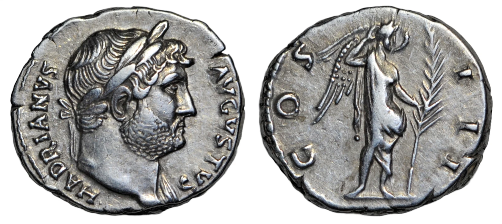 Hadrian, AR denarius, Rome c. 134-8 AD, COS III, Victory with palm
