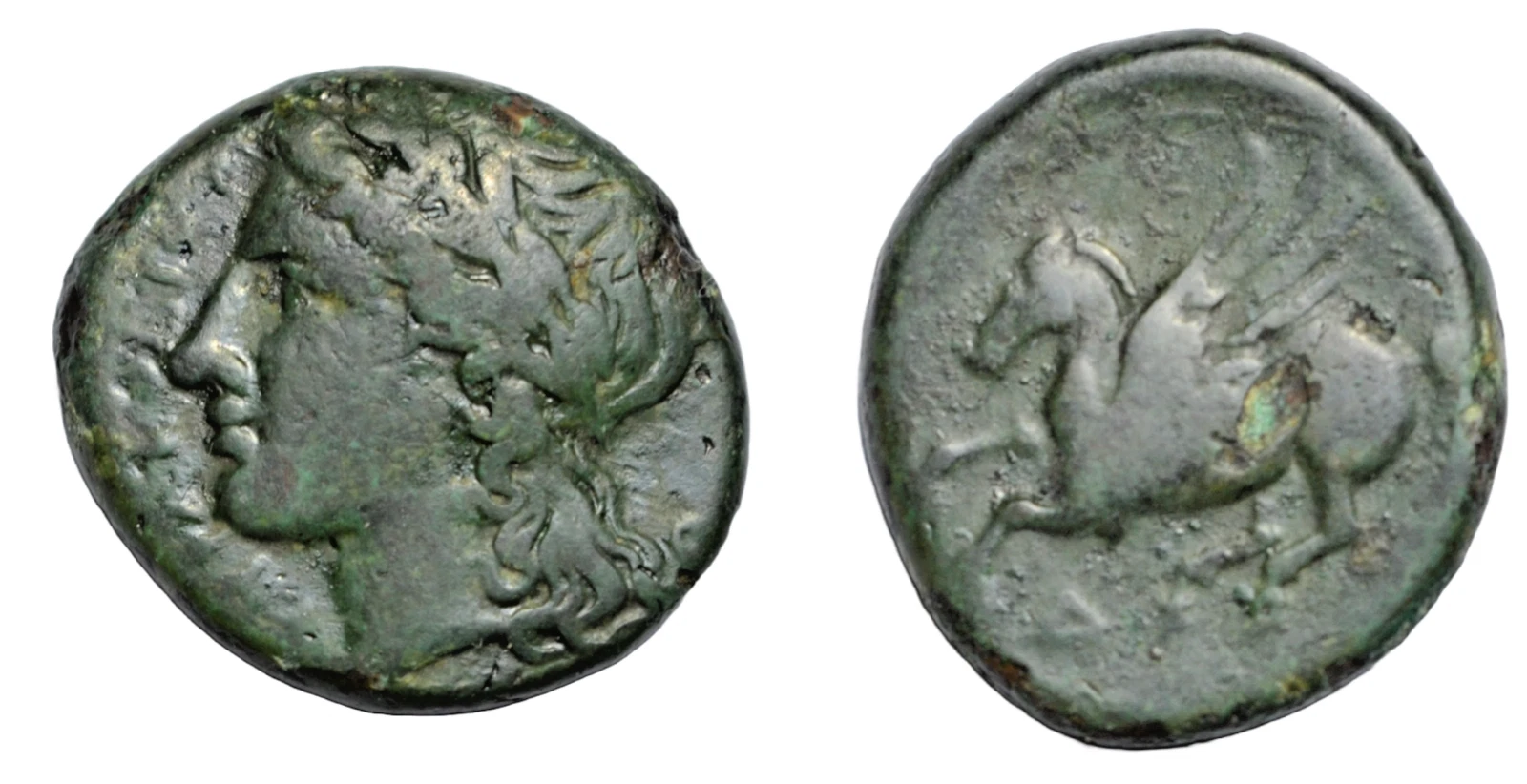 Sicily, Syracuse, AE c. 344-317 BC, Apollo facing left/Pegasus flying left