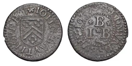 Suffolk, Bury St. Edmund's, John Baythorne, farthing token 1657, as BW 40-1