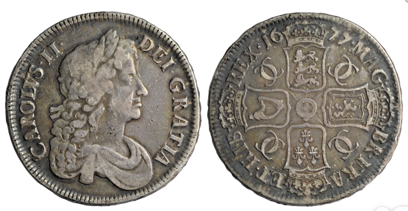Charles II, silver crown 1677/6, third bust, regnal year VICESIMO NONO