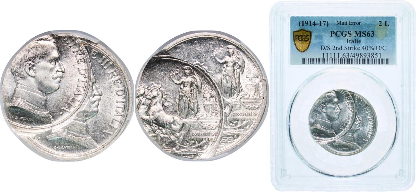 Italy Republic 1914 - 1917 2 Lire - Victor Emmanuel III (Mint Error D/S 2nd Strike 40% O/C) Very ...