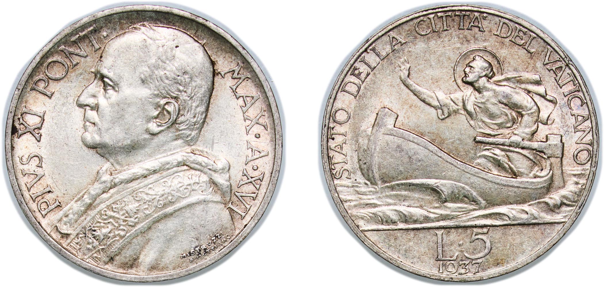 Vatican City City State 1937 5 Lire - Pius XI Silver (.835) (40000) 5g AU KM 7 Berman 3355