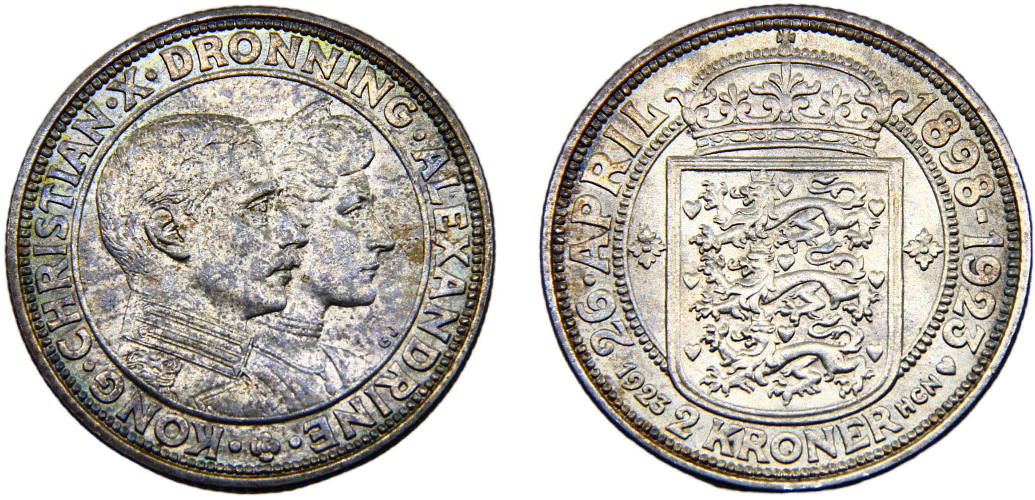 Denmark Kingdom Christian X 1923 HCN;GJ 2 Kroner Silver wedding anniversary