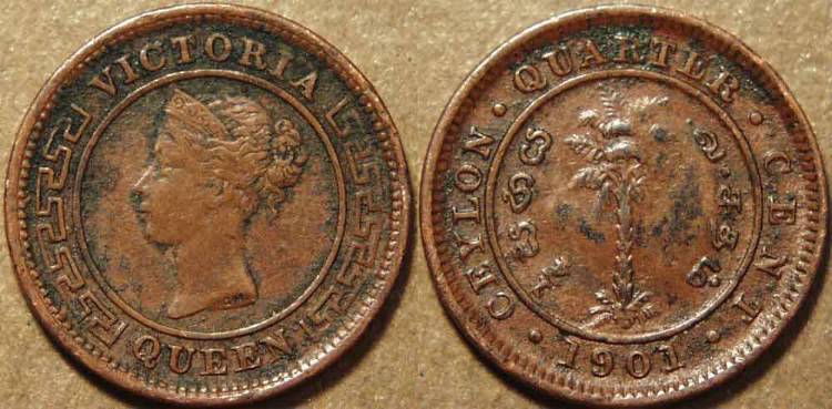 SRI LANKA (CEYLON), BRITISH PERIOD, Queen Victoria AE 1/4 cent, 1901