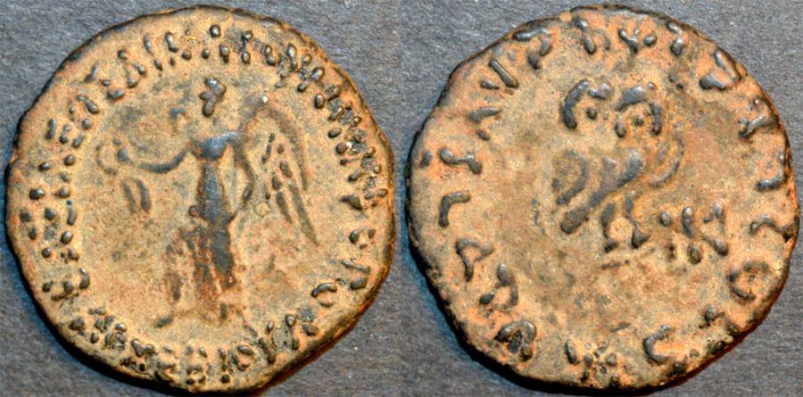 INDO-GREEK: Archebios AE hemi-obol or quadruple, Nike/Owl. SCARCE!
