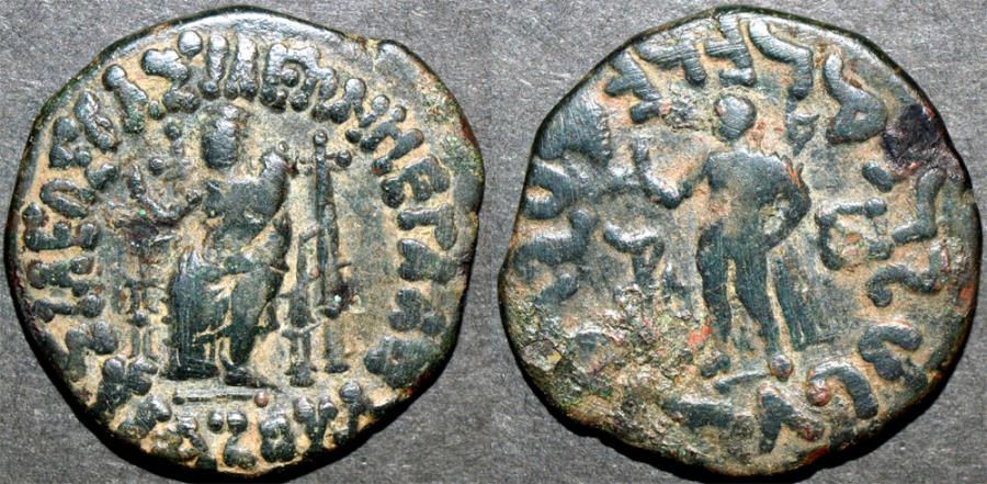 INDO-SCYTHIAN, AZES II AE penta-chalkon, City Goddess/Hermes. SCARCE ...
