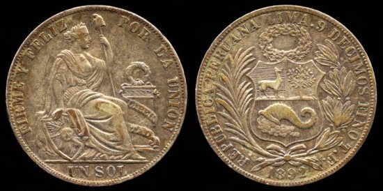 1892 TF Peru 1 Sol AU | South American Coins