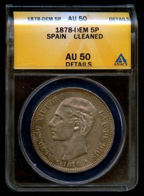 1878 (78) DE-M Spain 5 Peseta - Alfonso XII - ANACS AU50 | European Coins