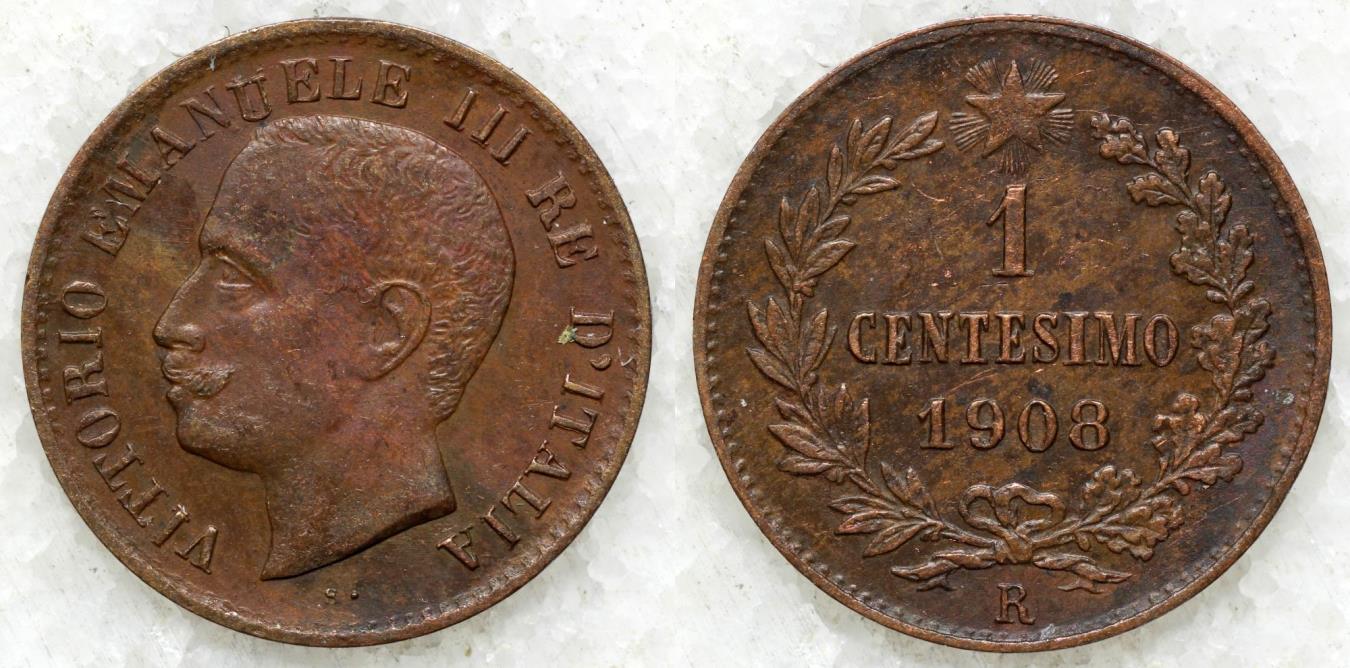 1908 R Italy 1 Centesimo - Vittorio Emanuele III - AU | European Coins