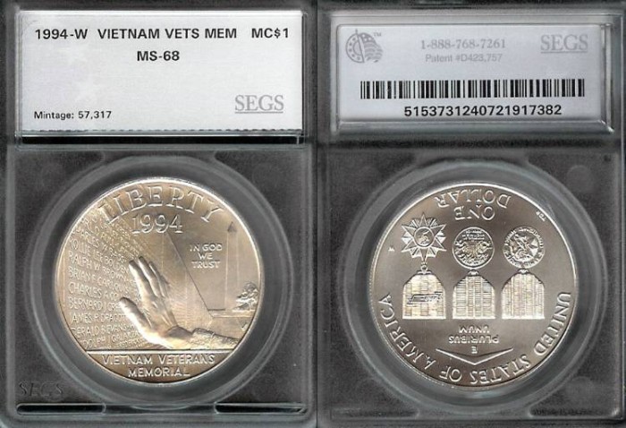 1994 W Vietnam Veterans Memorial Commemorative Dollar SEGS MS68