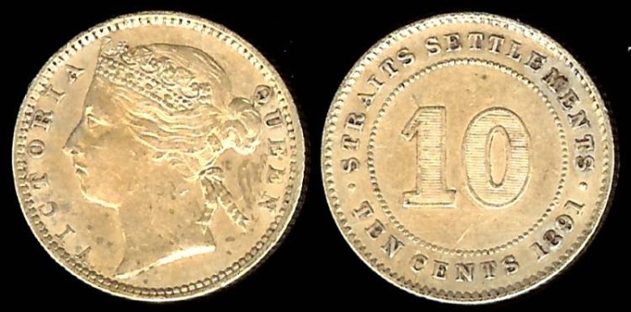 1891 Straits Settlements 10 Cents AU | Asian and Middle Eastern Coins