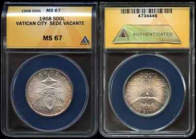 1958 Vatican City 500 Lire (Silver) - Sede Vacante - Arms of Cardinal Benedetto Aloisi-Masella ...