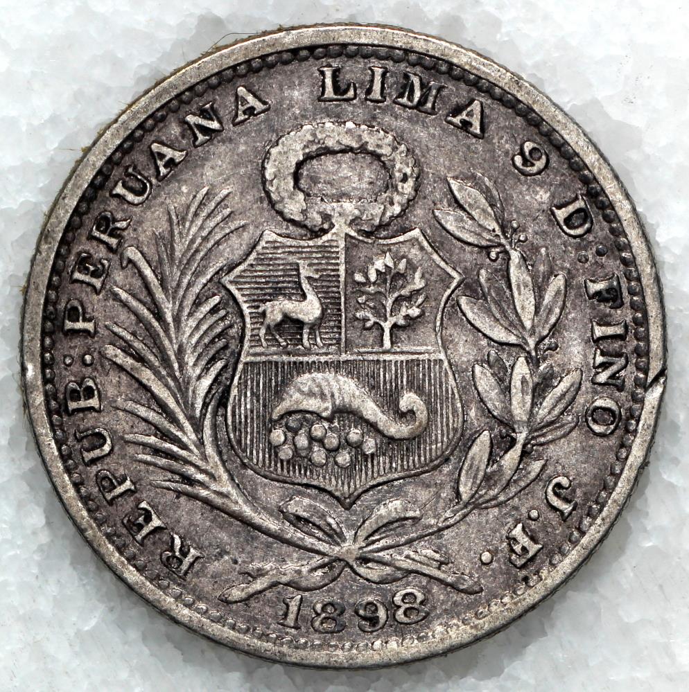 1898 JF Peru 1/5 Sol - Standard Coinage - XF Silver | South American Coins