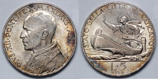 1939 Vatican 5 Lire - Pope Pius XII - BU Silver (Only 100,000 pieces were struck)