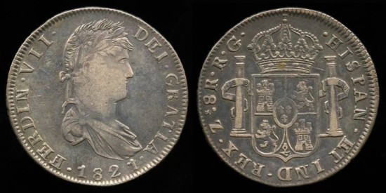 1821 Zs-RG Mexico - Ferdinand VII - (Royalist Coinage - Zacatecas Mint) 8 Real XF