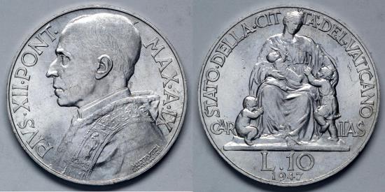 1947 Vatican 10 Lire - Pope Pius XII - BU (Only 50,000 pieces were struck)