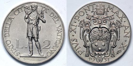 1931 Vatican 2 Lire - Pope Pius XI - BU (Only 50,000 pieces were struck)