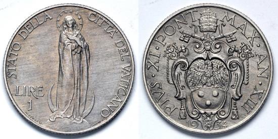 1934 Vatican 1 Lira - Pope Pius XI - BU (Only 50,000 pieces were struck)