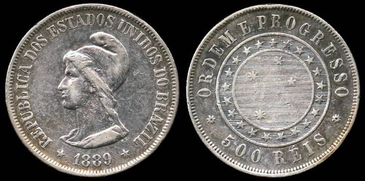 1889 Brazil 500 Reis XF | South American Coins