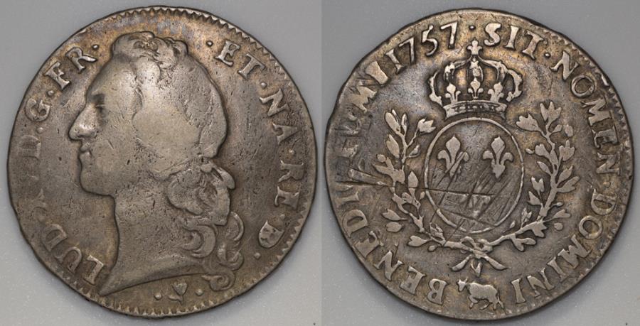 1757 France 1 Ecu - Louis XV - Pau Mint - F | European Coins