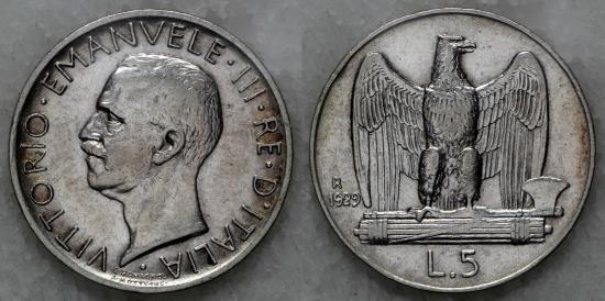 1929 R Italy 5 Lira - Vittorio Emanuele III - AU Silver | European Coins
