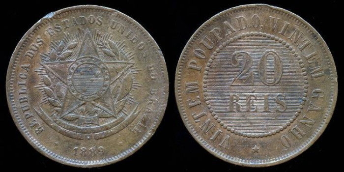 1889 Brazil 20 Reis AU | South American Coins