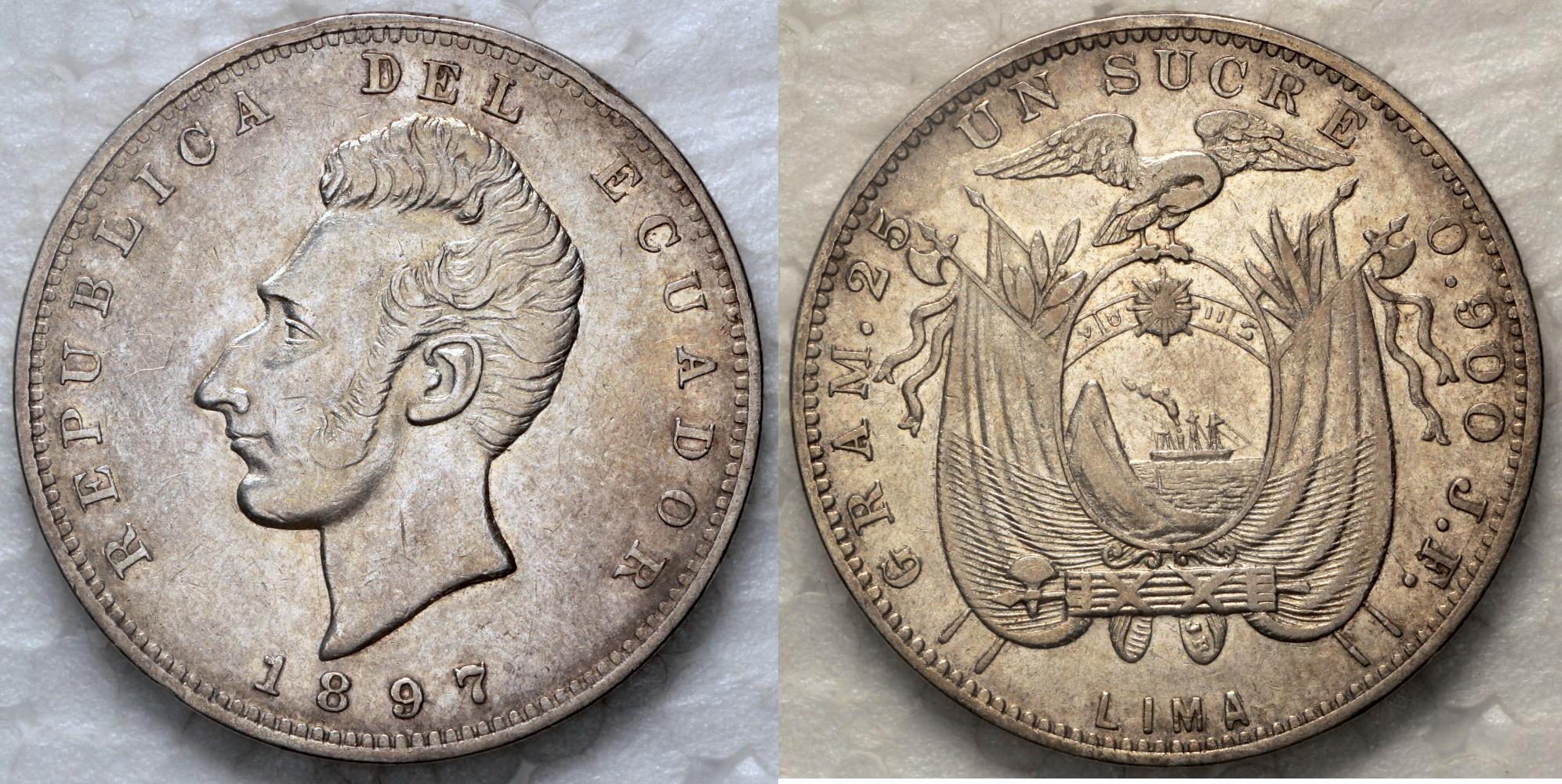 1897 L-JF Ecuador 1 Sucre - Antonio Sucre - Lima Mint - XF Silver