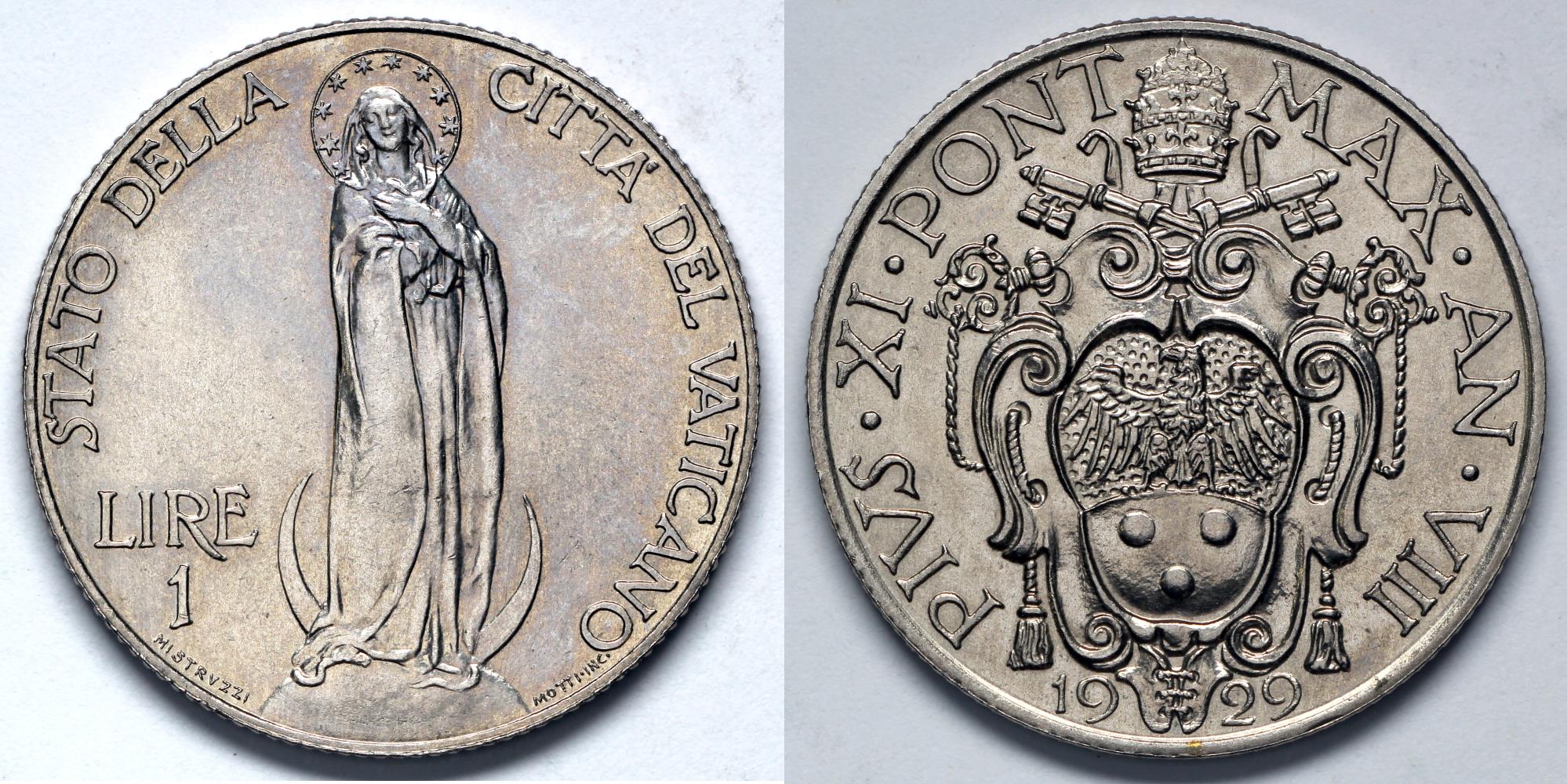 1929 Vatican 1 Lira - Pope Pius XI - BU (Only 10,000 pieces were struck)