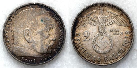 1938 B Germany 2 Reichsmark - Hindenburg Issue - Vienna Mint - AU Silver