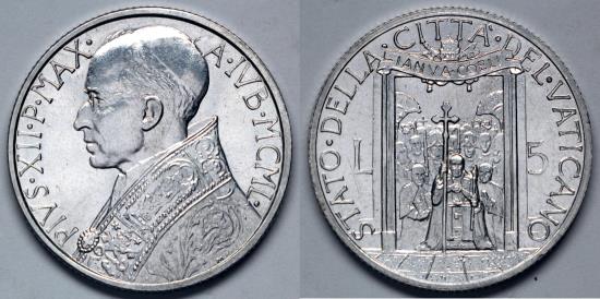 1950 Vatican 5 Lire - Pope Pius XII - Holy Year - BU (Only 50,000 pieces were struck)