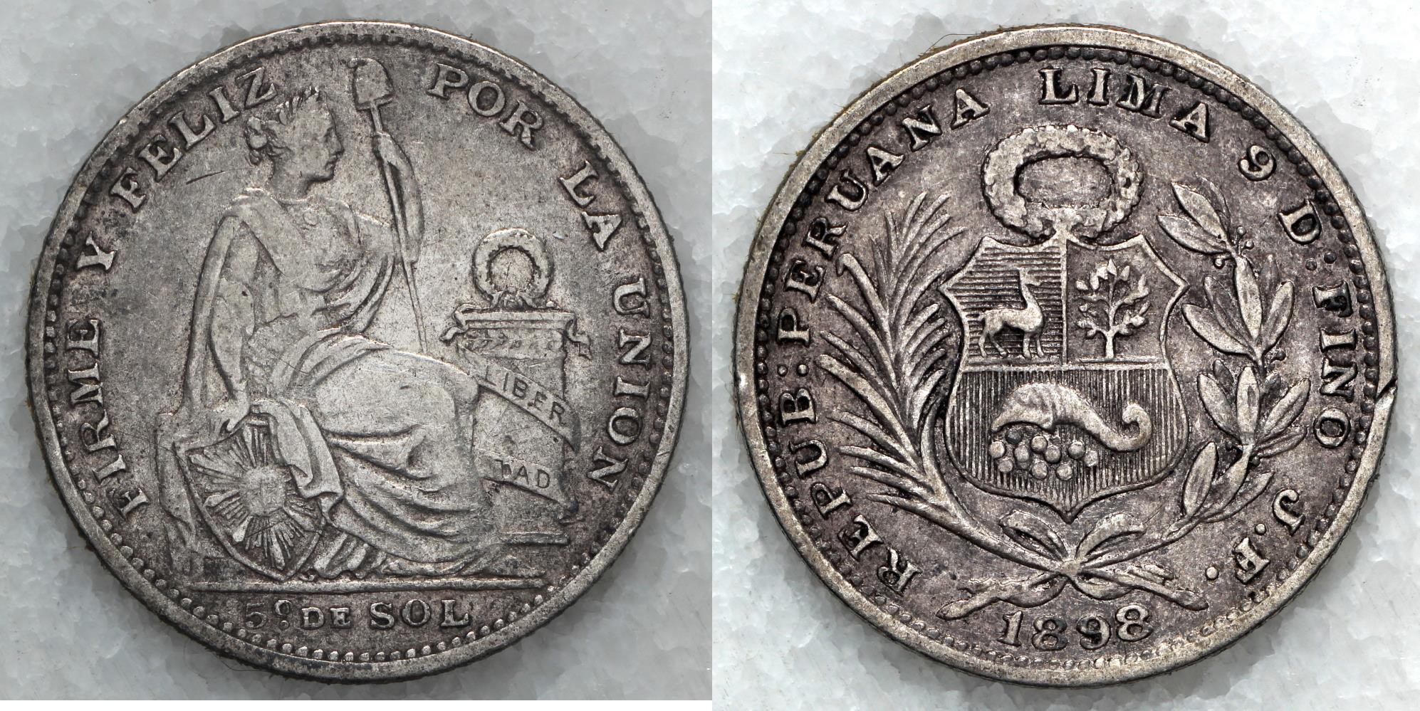 1898 JF Peru 1/5 Sol - Standard Coinage - XF Silver | South American Coins