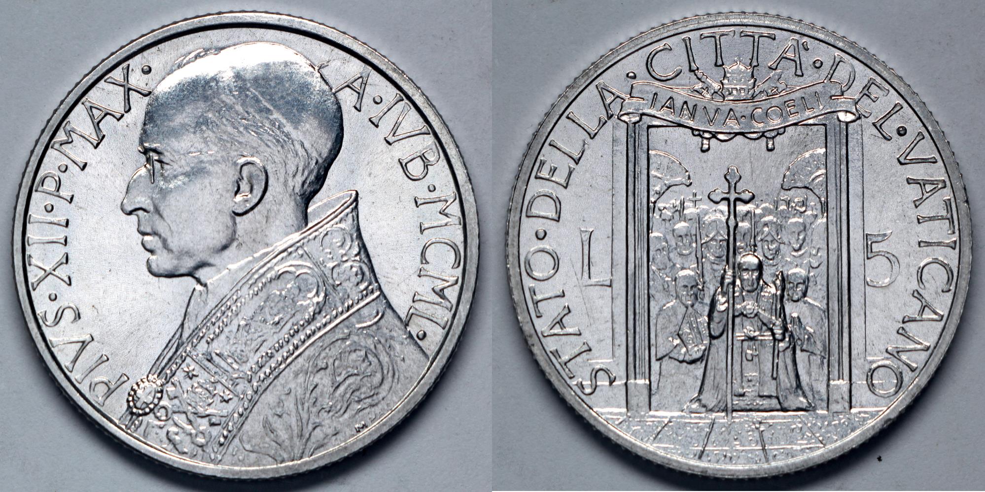 1950 Vatican 5 Lire - Pope Pius XII - Holy Year - BU (Only 50,000 pieces were struck)