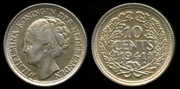 1941 Netherlands 10 Cents AU | European Coins