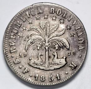 1851 FM-PTS Bolivia 8 Soles - Simon Bolivar - XF Silver | South American Coins