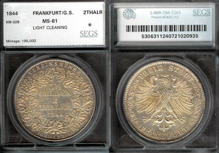 1844 Frankfurt 2 Thaler SEGS MS61 | European Coins