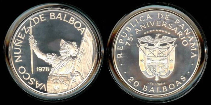 1978 Panama 20 Balboa - Vasco Nunez De Balboa - Silver Proof (Huge Coin ...