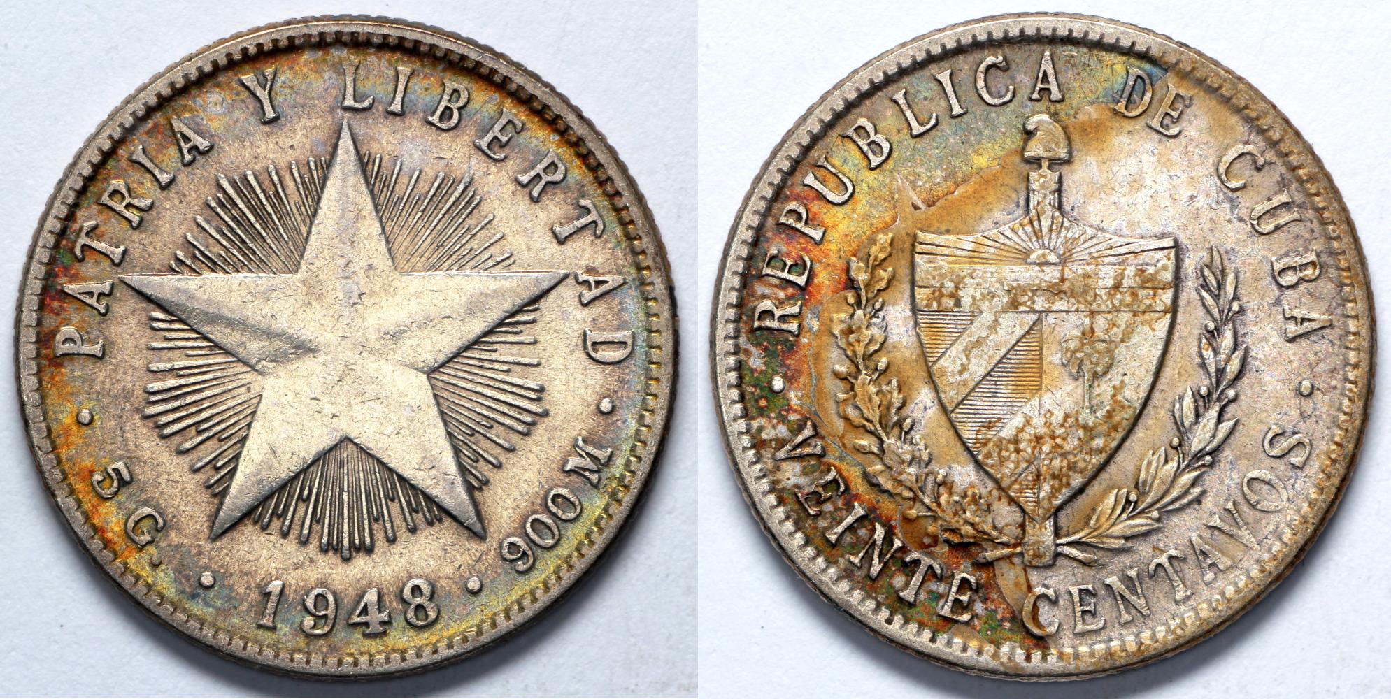 1948 Cuba 20 Centavo - First Republic - AU Silver | North & Central ...