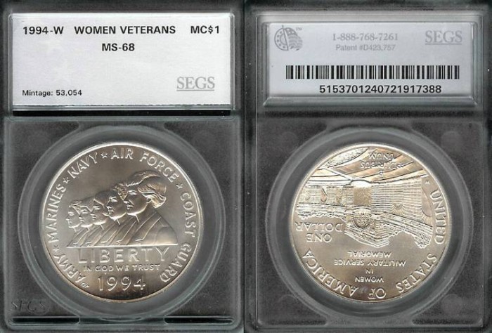 1994 W Women in Military Service Memorial Commemorative Dollar SEGS MS68