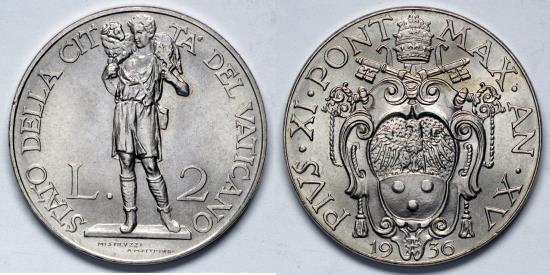 1936 Vatican 2 Lire - Pope Pius XI - BU (Only 40,000 pieces were struck)
