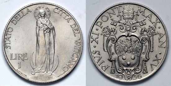 1936 Vatican 1 Lira - Pope Pius XI - BU (Only 40,000 pieces were struck)
