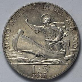 1930 Vatican 5 Lire - Pope Pius XI - St Peter - UNC Silver (Only 50,000 pieces were struck)